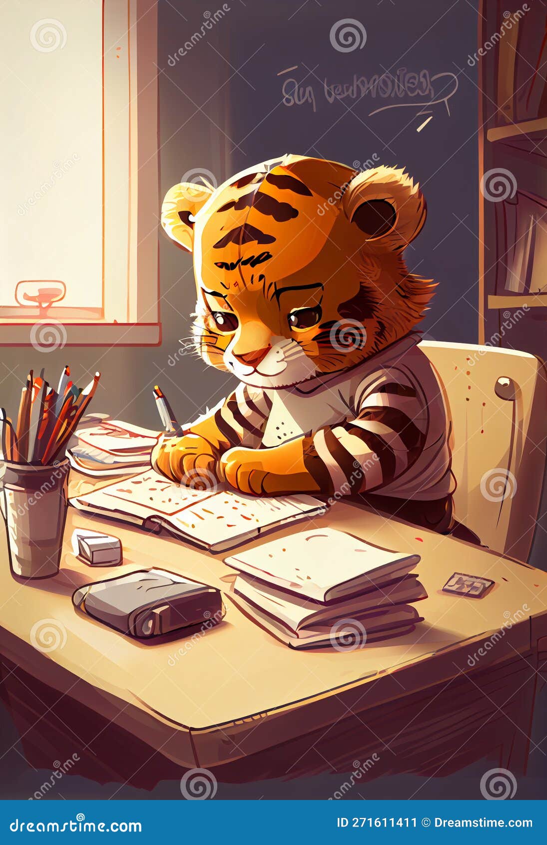 Cute Tiger Cub Schoolboy Doing Homework. AI Generated Stock ...