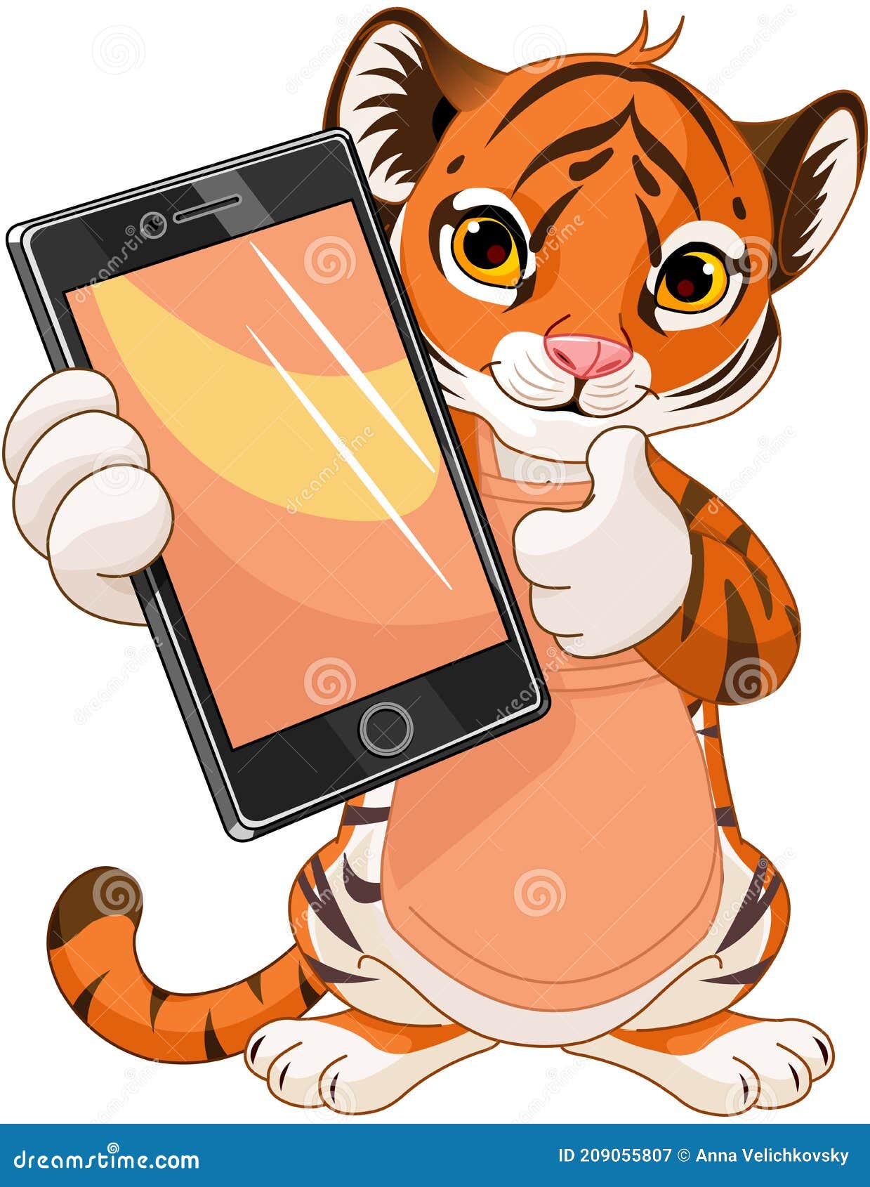 Cute Tiger holding tablet stock vector. Illustration of hand - 209055807