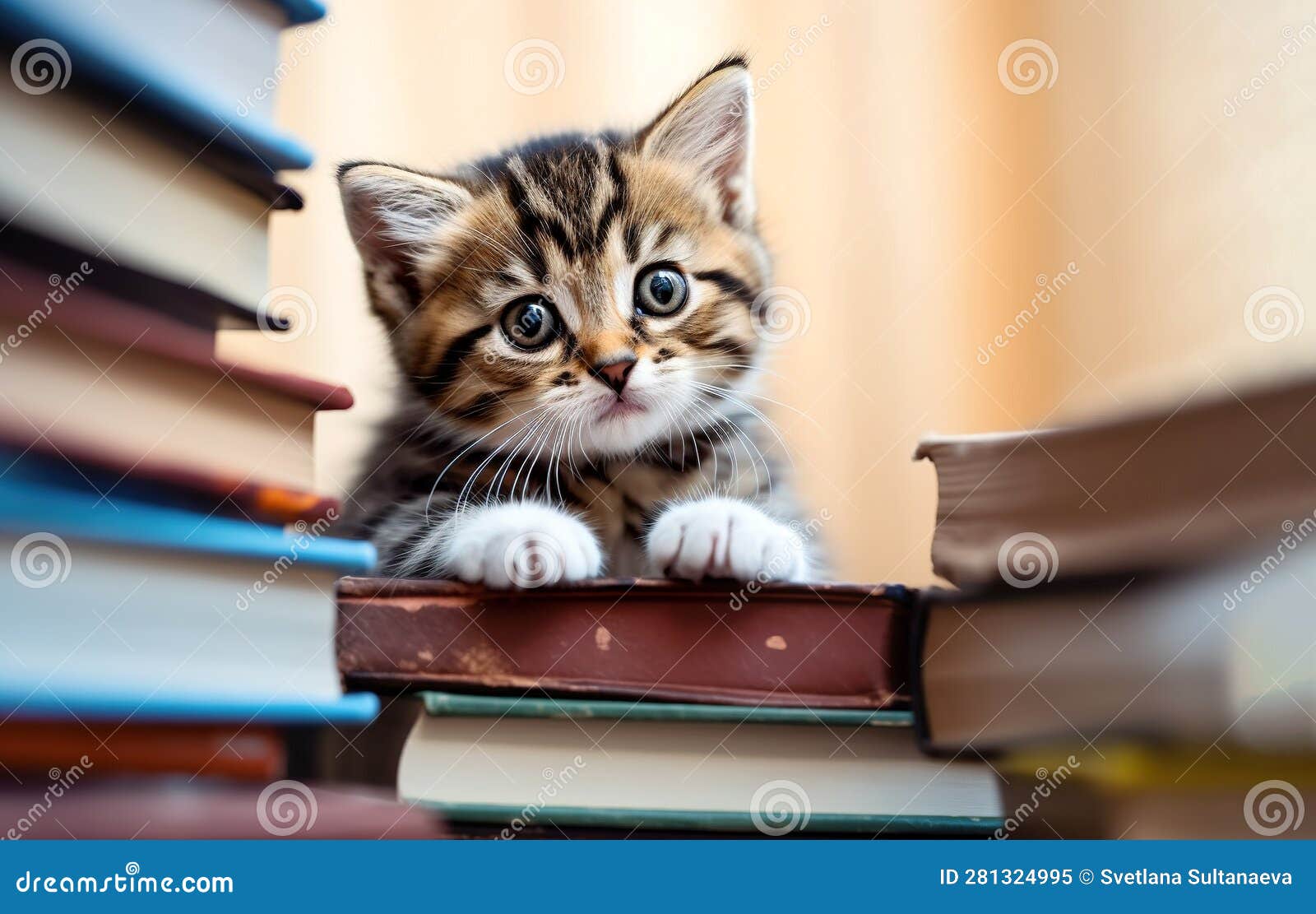Cute Tiny Kitten on a Stack of Books Stock Illustration - Illustration ...