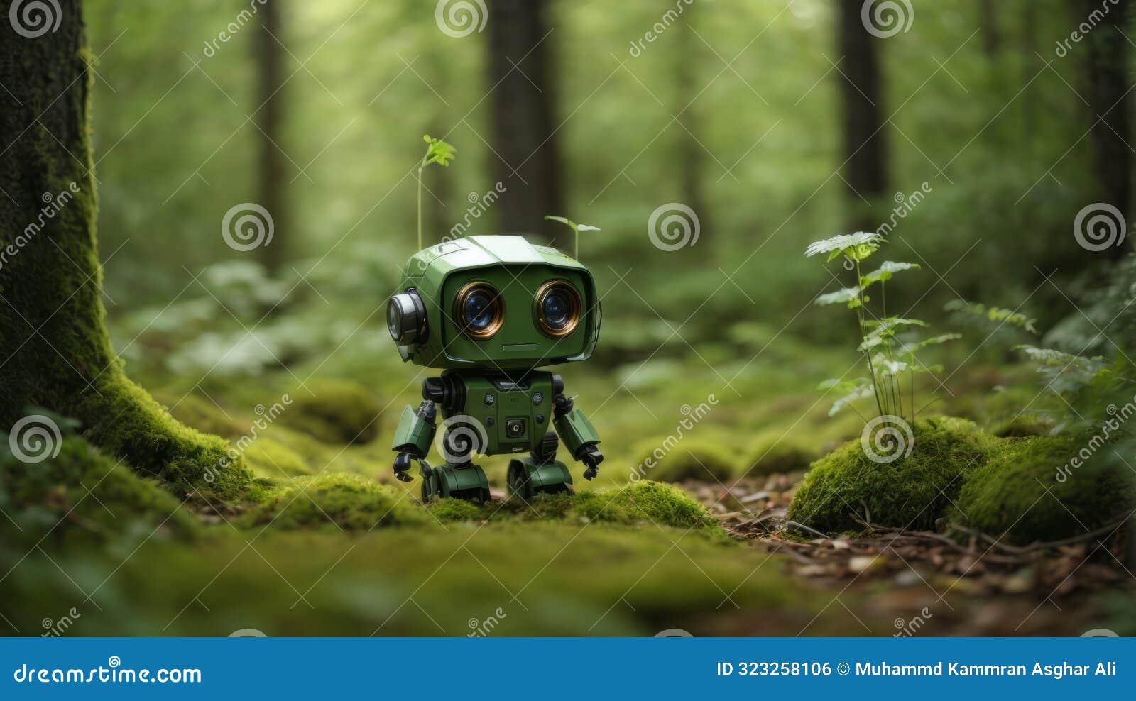 A Cute Tiny Modern Robot is Strolling through the Woods, Its Body is ...