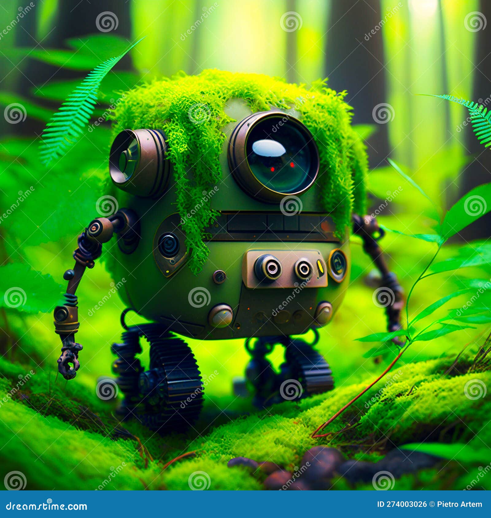 A Cute Tiny Modern Robot is Walking through the Forest, Generative AI ...