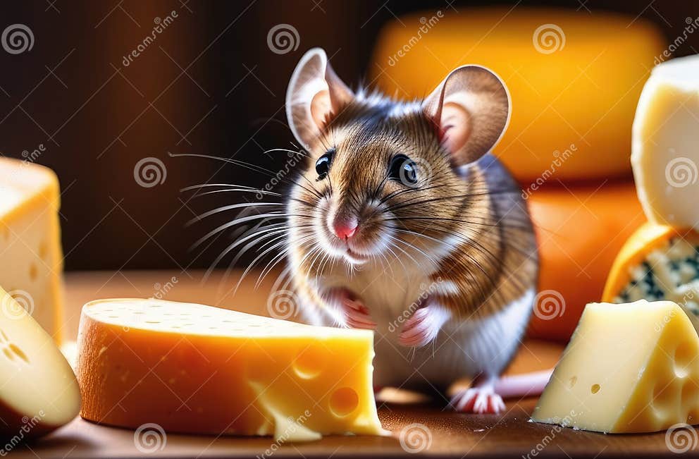 Cute Tiny Mouse Eating Cheese on Table, Close Up Stock Illustration ...