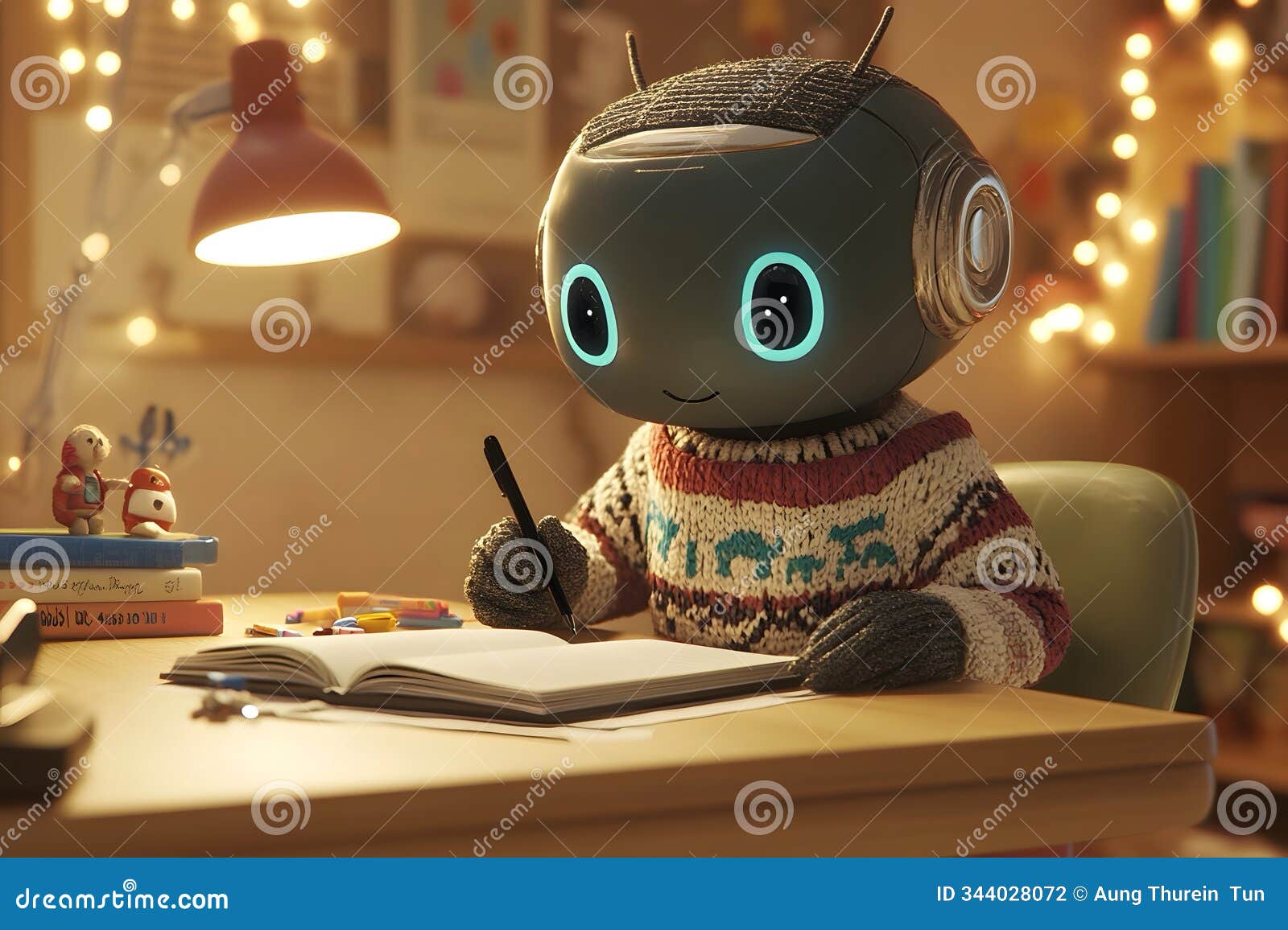 A Cute Tiny Robot Wearing a Sweater Doing His Homework, Concept of AI ...