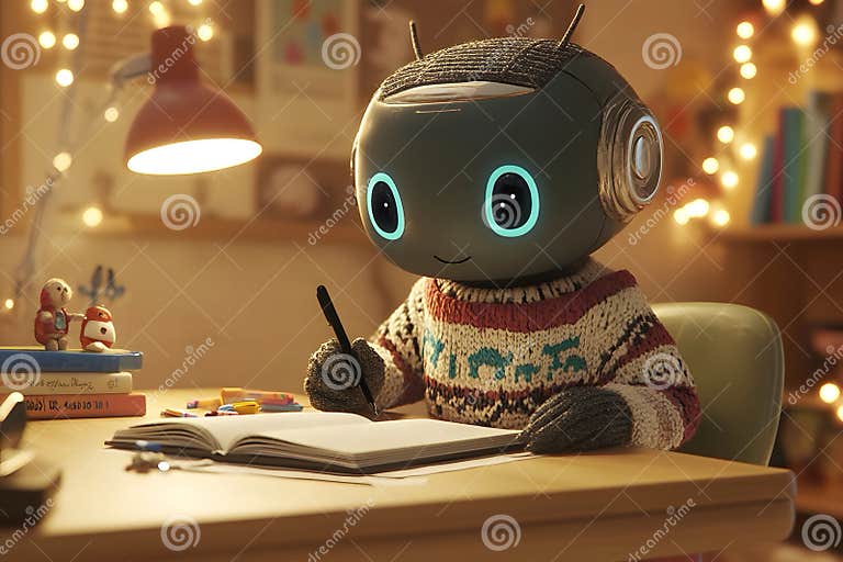 A Cute Tiny Robot Wearing a Sweater Doing His Homework, Concept of AI ...