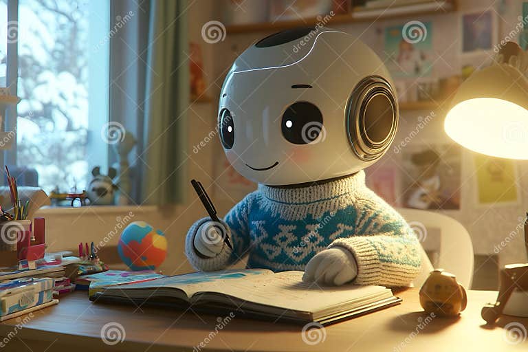 A Cute Tiny Robot Wearing a Sweater Doing His Homework, Concept of AI ...