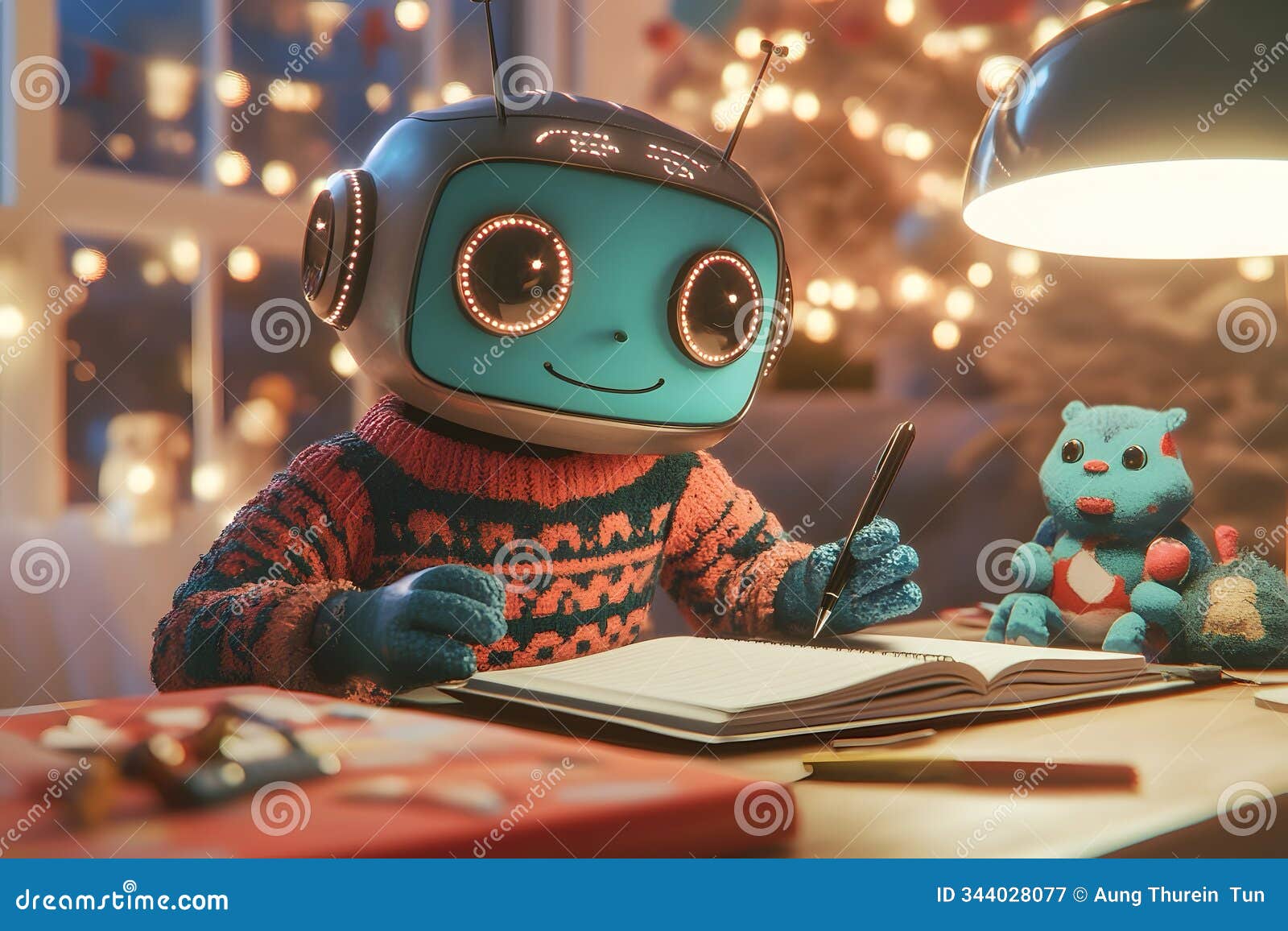 A Cute Tiny Robot Wearing a Sweater Doing His Homework, Concept of AI ...