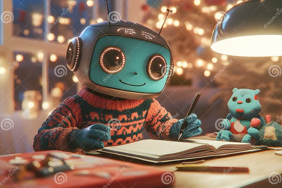A Cute Tiny Robot Wearing a Sweater Doing His Homework, Concept of AI ...