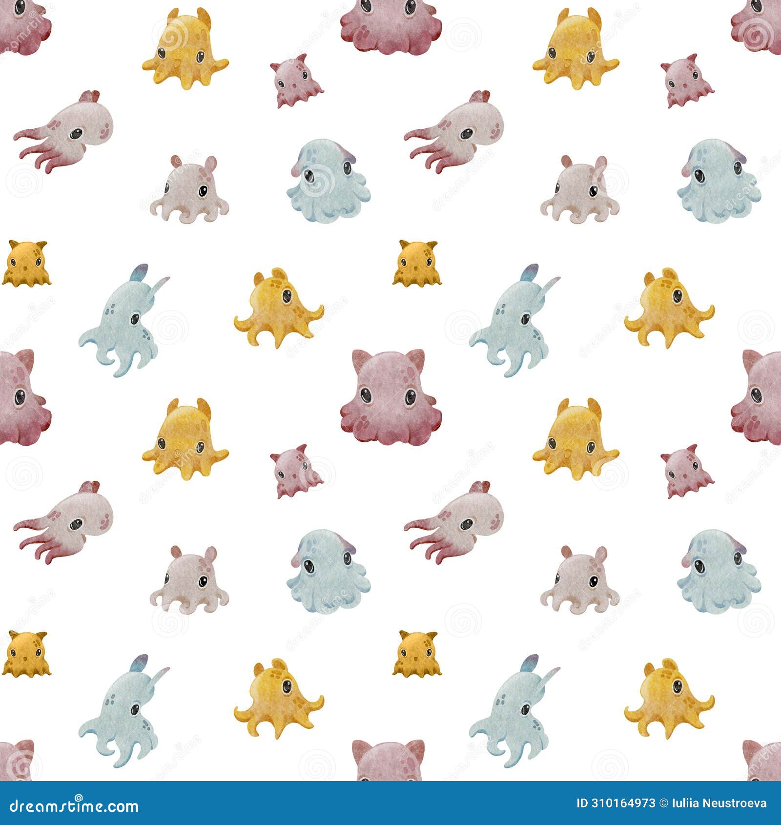 Cute Tiny Watercolor Dumbo Octopus in Pastel Colors Seamless Pattern ...