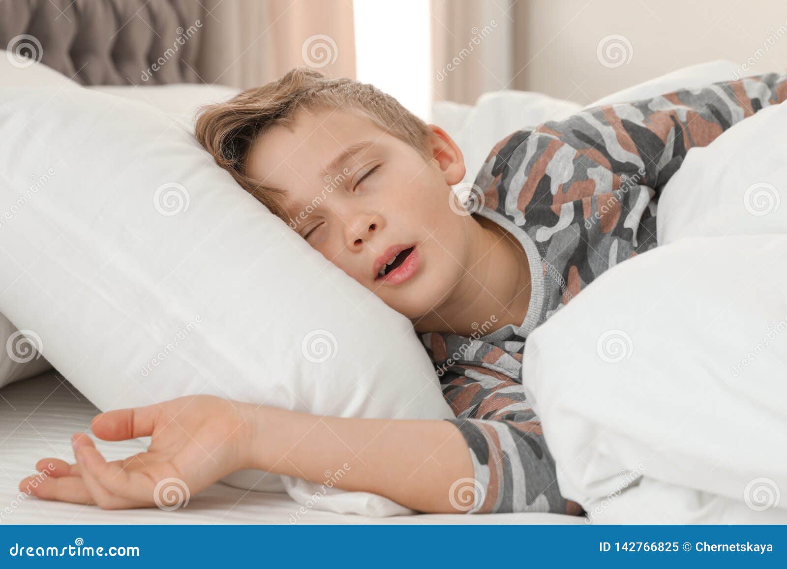 Cute Tired Boy Sleeping in Bed Stock Image - Image of background, home ...