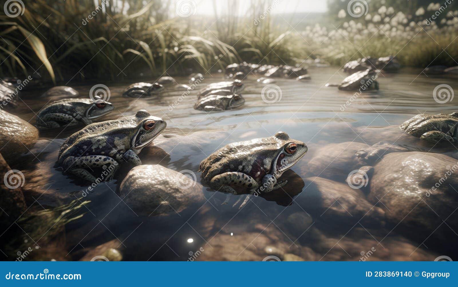Cute Toad Looking at Turtle in Pond Generated by AI Stock Photo - Image ...