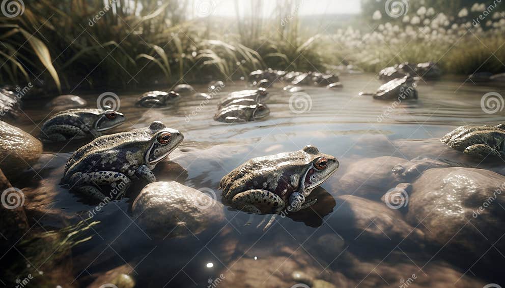 Cute Toad Looking at Turtle in Pond Generated by AI Stock Photo - Image ...