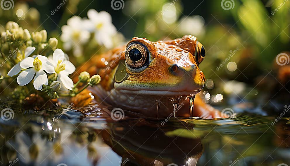 Cute Toad Sitting on Leaf, Looking at Camera in Pond Generated by AI ...
