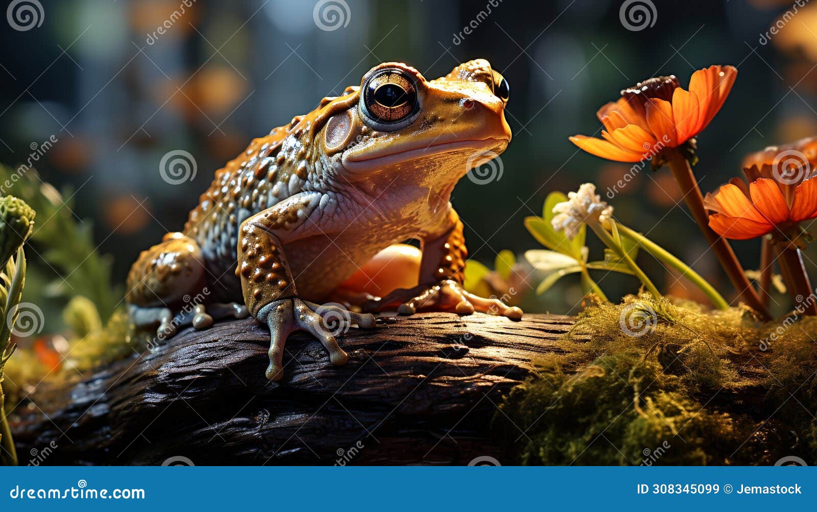 Cute Toad Sitting on Wet Leaf, Looking Away Generated by AI Stock ...