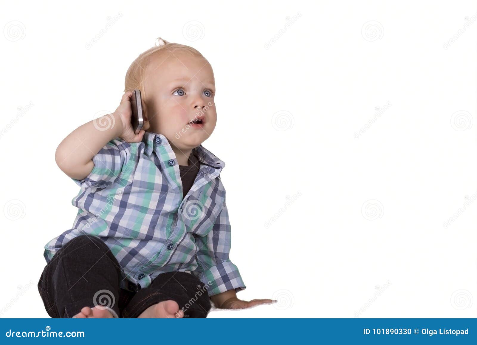 Cute Toddler Speaking on Phone. Isolated.Copy Space Stock Photo - Image ...