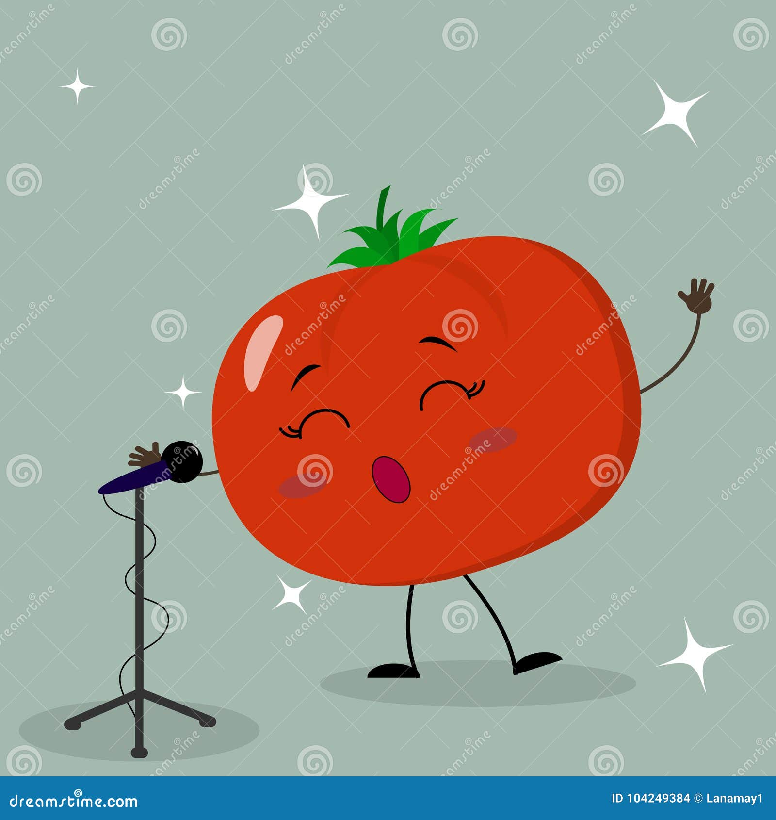 Cute Tomato Smiley in a Cartoon Style Sings into the Microphone. Stock ...
