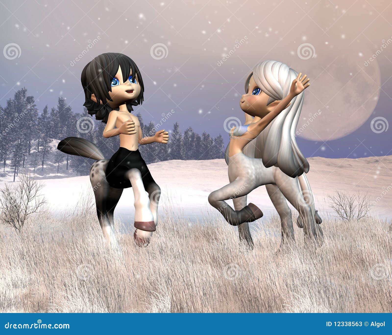 Cute Toon Centaurs Playing in the Snow Stock Illustration ...