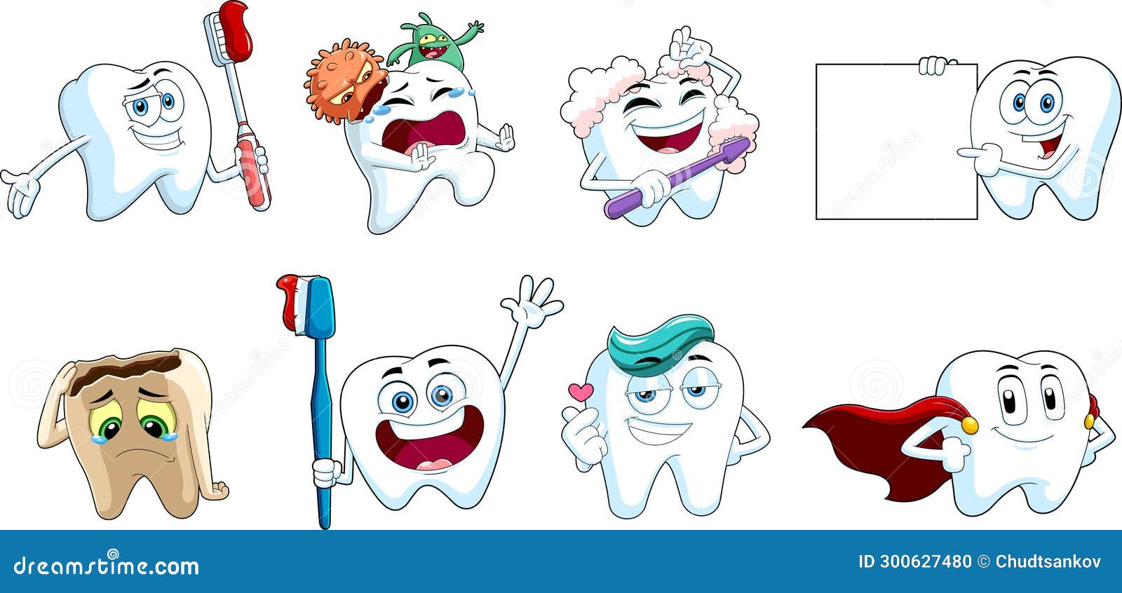 Cute Tooth Cartoon Characters. Vector Hand Drawn Collection Set Stock ...