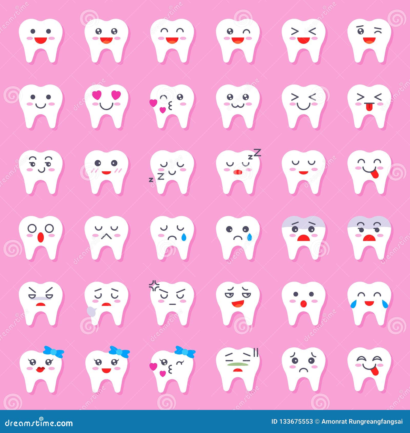 Cute Tooth Cartoon Emoticon Set, Flat Style Stock Vector - Illustration ...