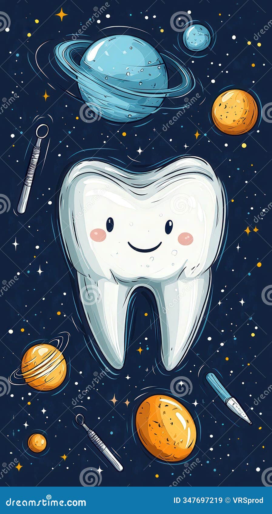 Cute Tooth Character Floating in Space with Planets and Dental Tools ...