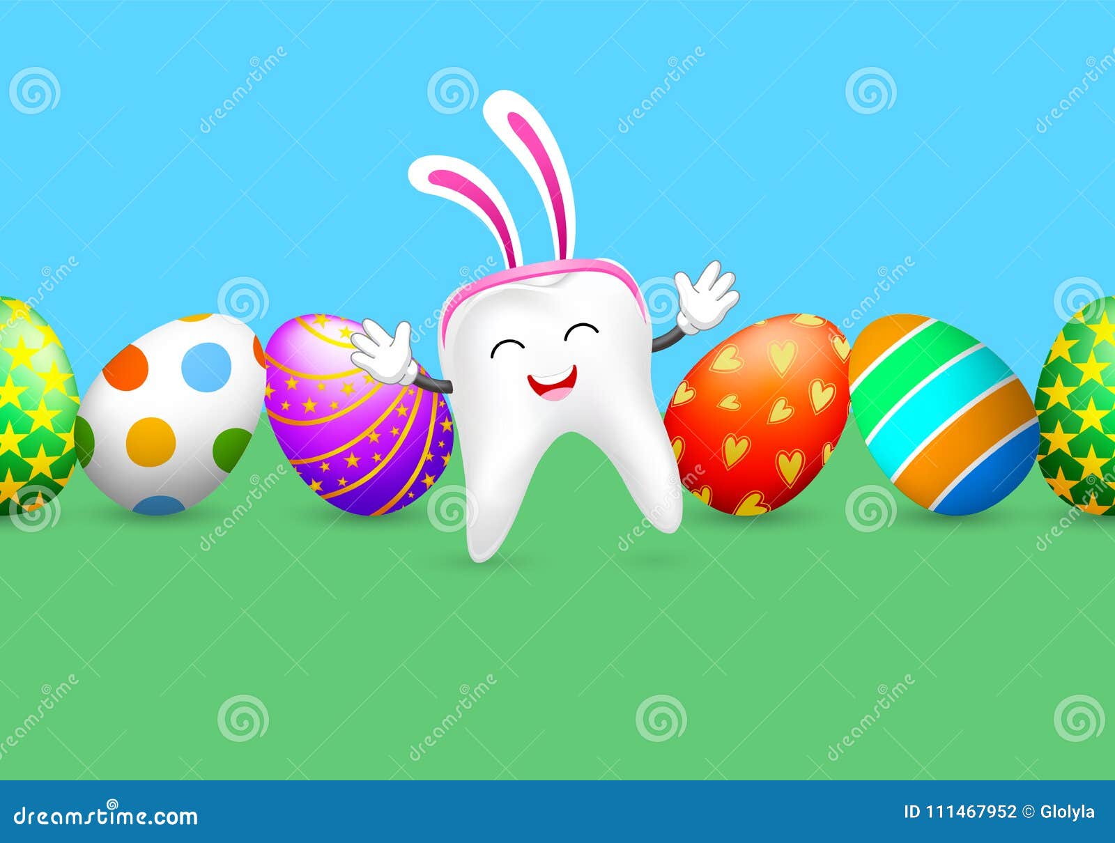 Cute Tooth Character with Rabbit Ear and Easter Eggs. Stock Vector ...