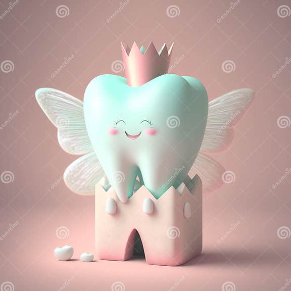 Cute Tooth with a Crown and Wings. 3d Rendering Stock Illustration ...