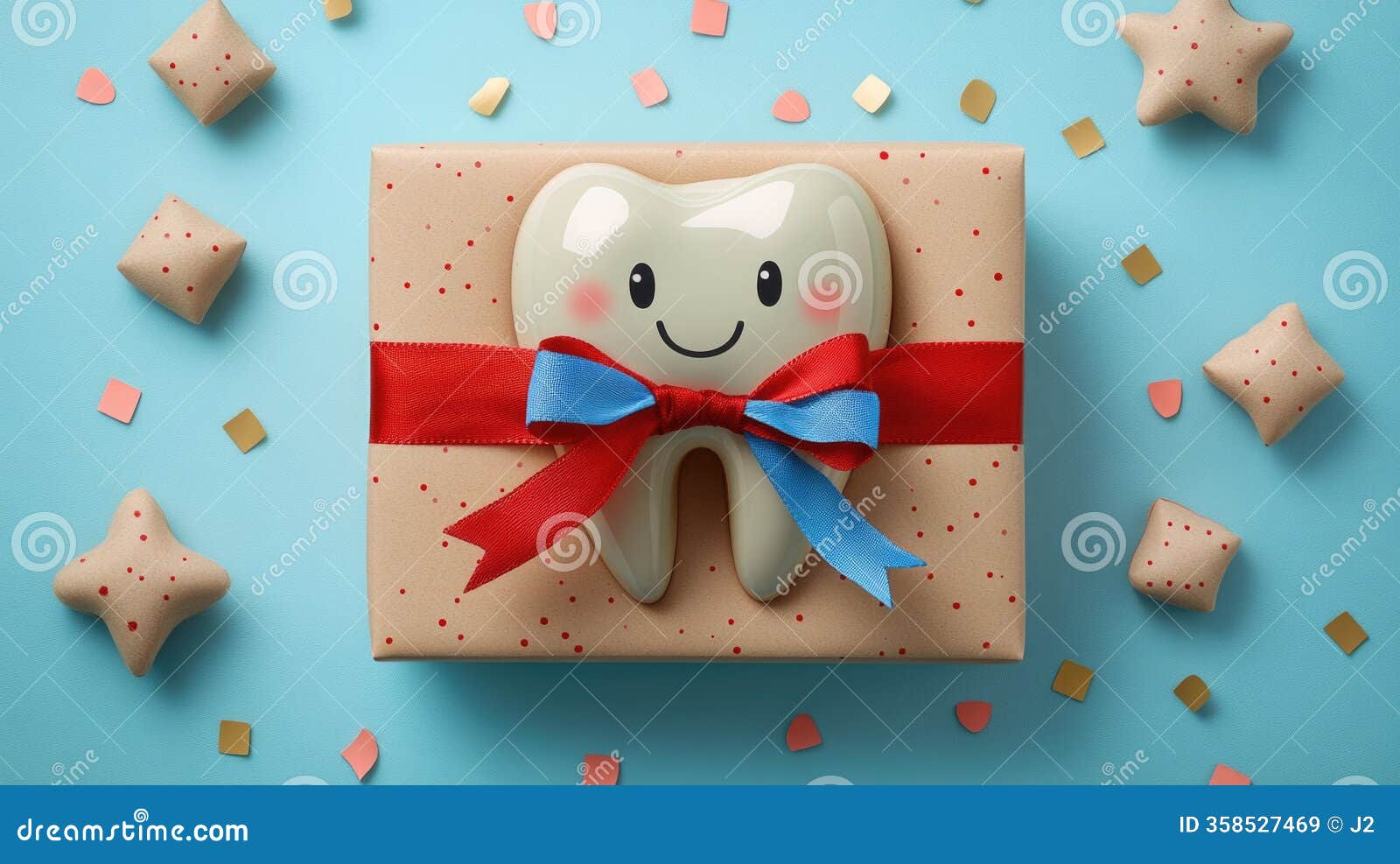 Cute Tooth-shaped Gift Box with Red and Blue Ribbons on Blue Background ...