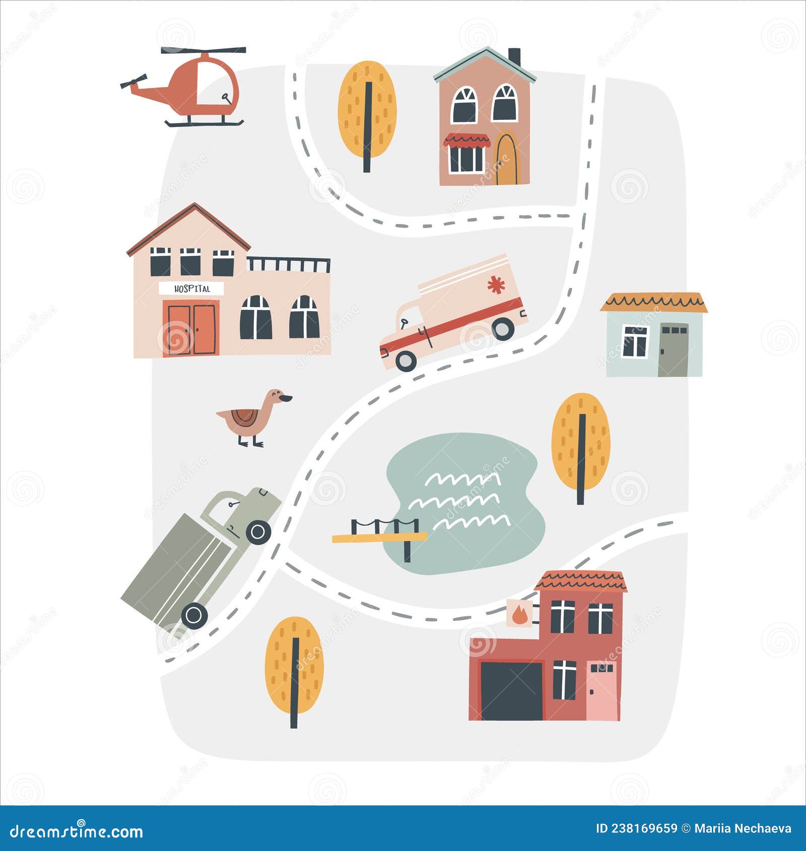 Cute Town Map. Hand Drawn Vector Illustration for Nursery Stock Vector ...