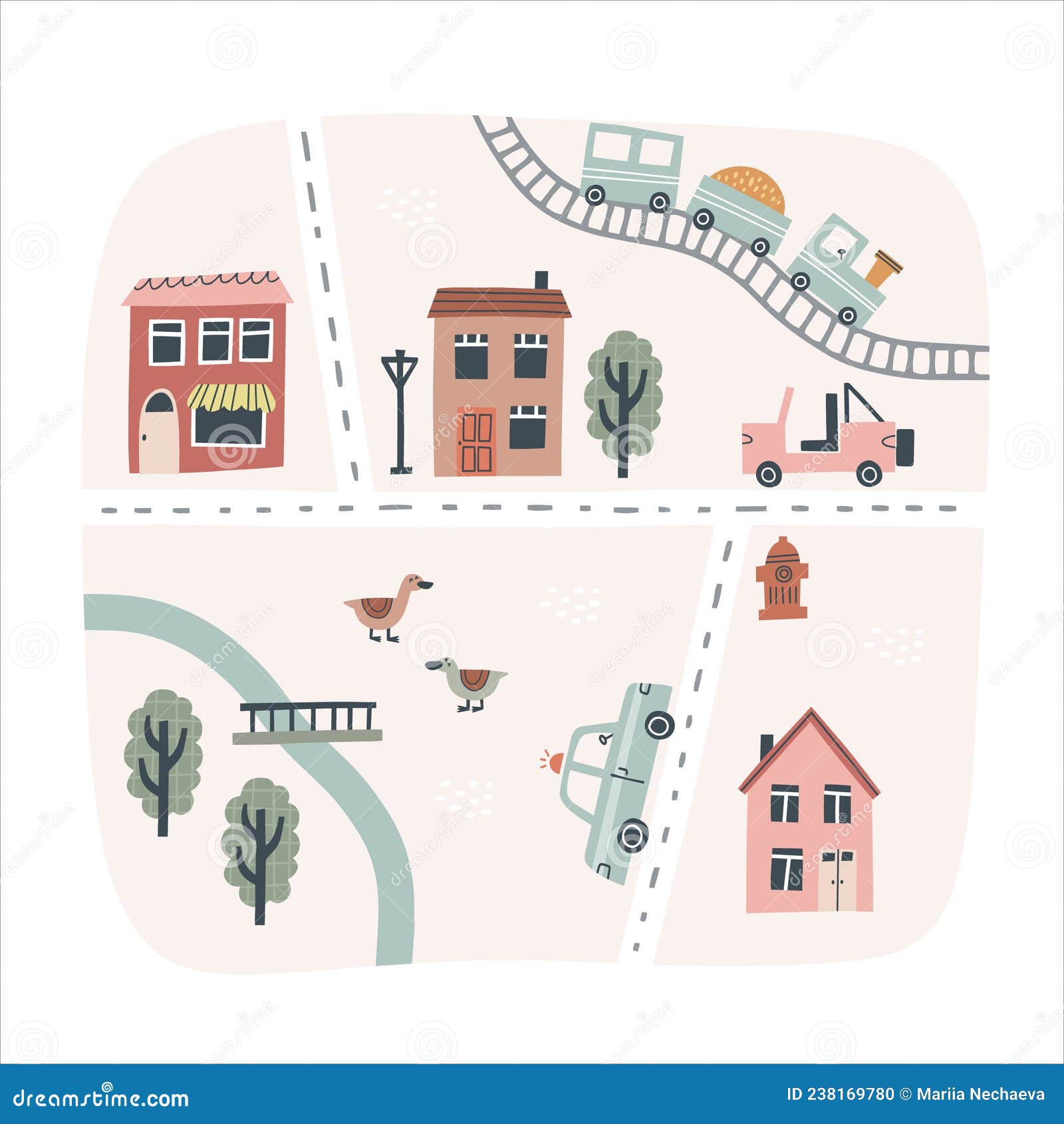 Cute Town Map. Hand Drawn Vector Illustration for Nursery Stock Vector ...