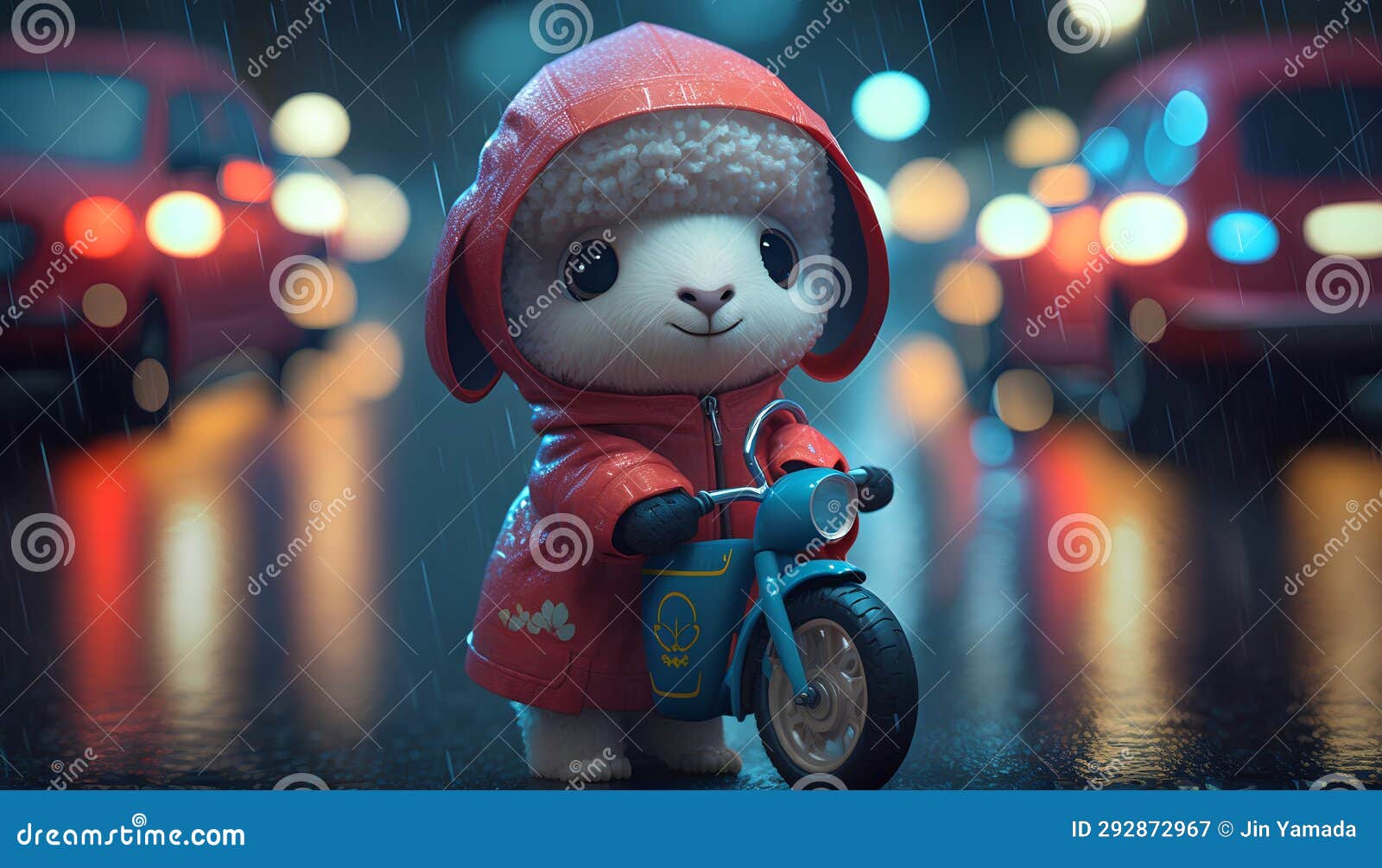 Cute Toy Rabbit on a Motorcycle in the Rain. 3d Rendering Stock ...