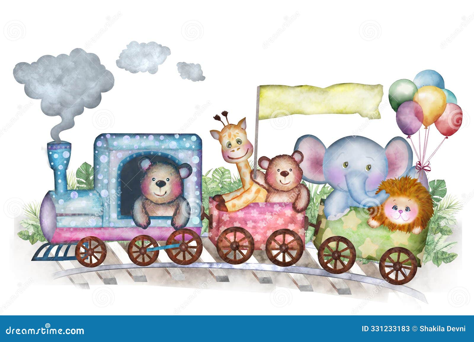 Cute Train Engine and Jungle Animal Passengers Hand-painted and ...