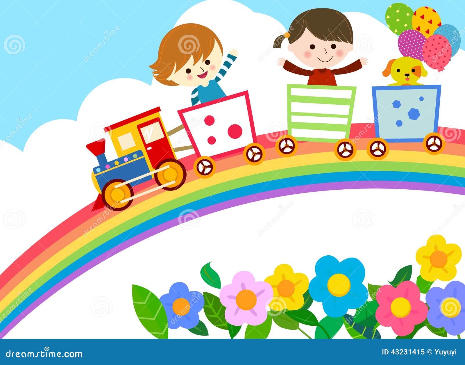 Cute Train with Kids and Dog Stock Vector - Illustration of people ...