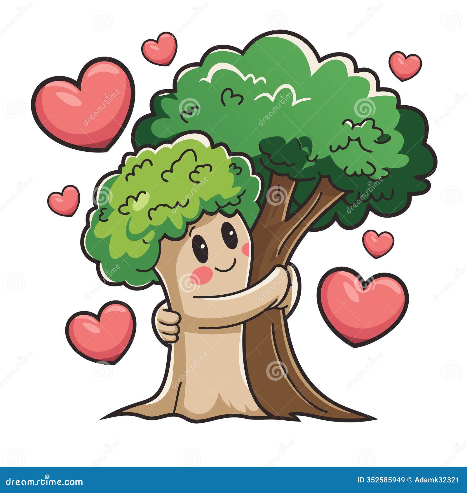 Cute Tree Character Hugging Tree Surrounded by Hearts Vector ...