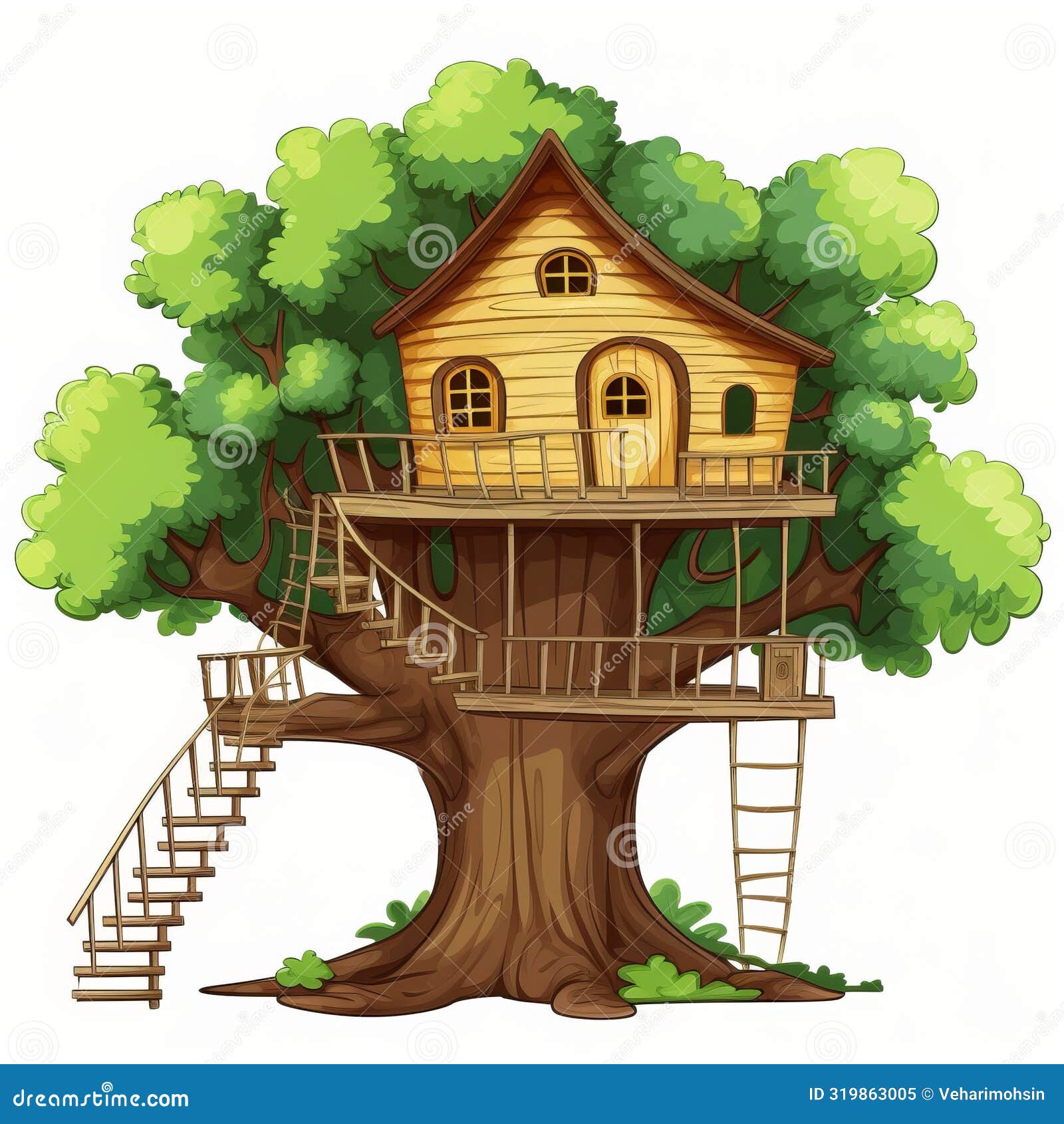 Cute Tree House Cartoon in the Garden, Vector Illustration Stock ...