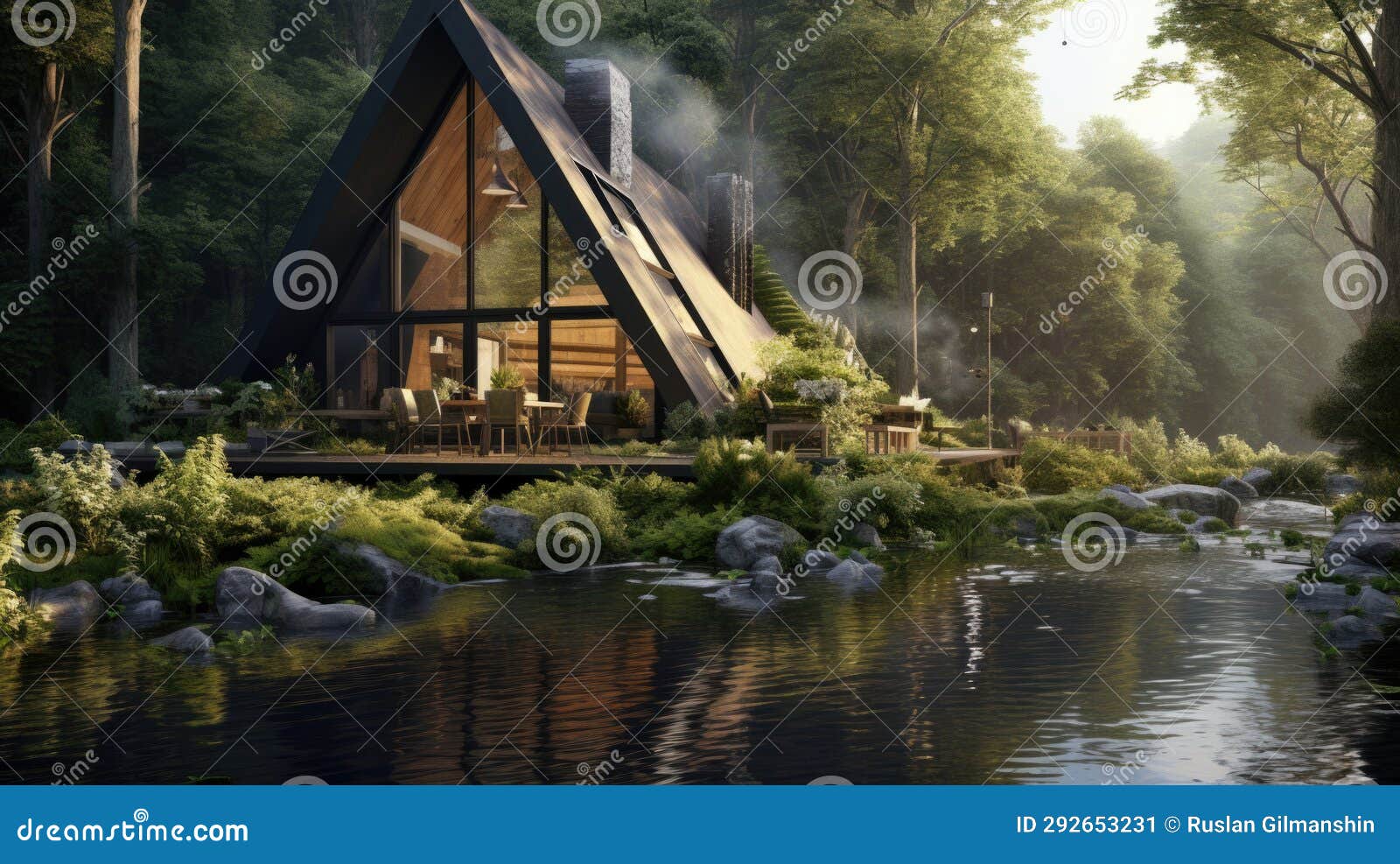 Cute Triangle Houses on a Background of Green Forest Near a River Stock ...