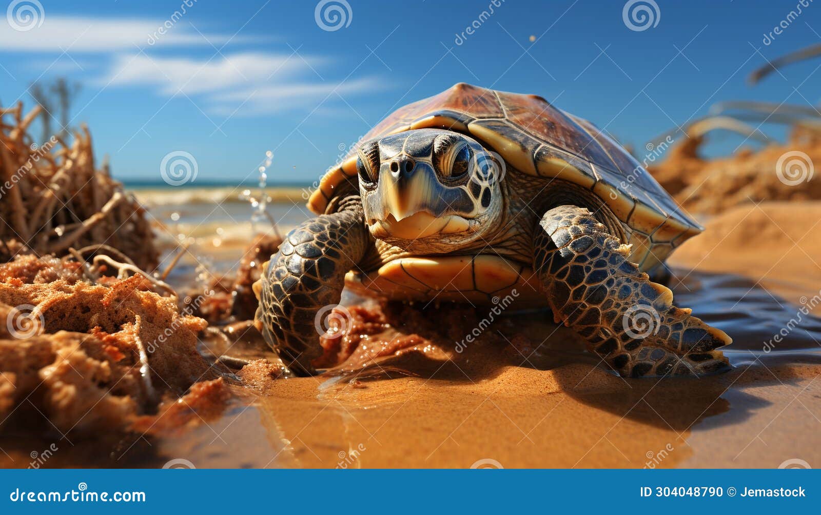 Cute Turtle Crawling on Sand in Tropical Climate Generated by AI Stock ...