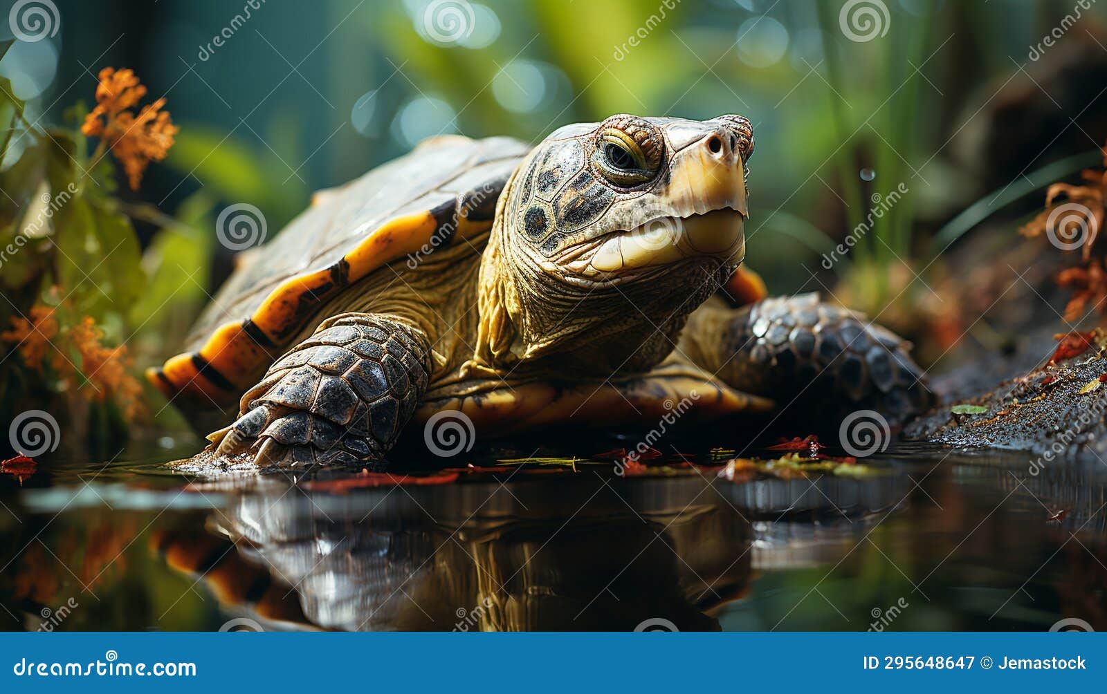 Cute Turtle Crawling in Wet Tropical Rainforest Generated by AI Stock ...