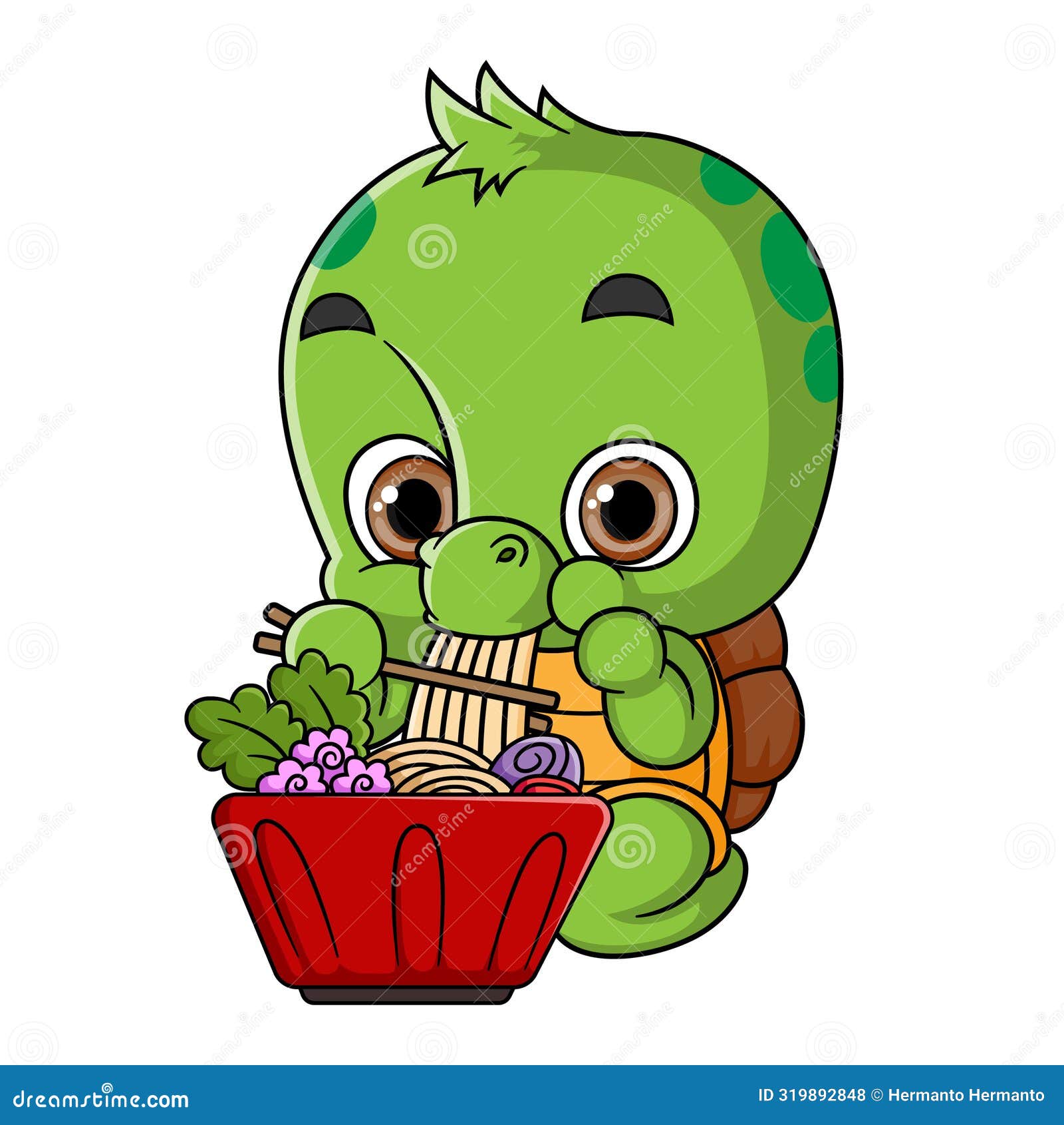Cute Turtle Eating Noodle Bowl with Chopstick Stock Vector ...
