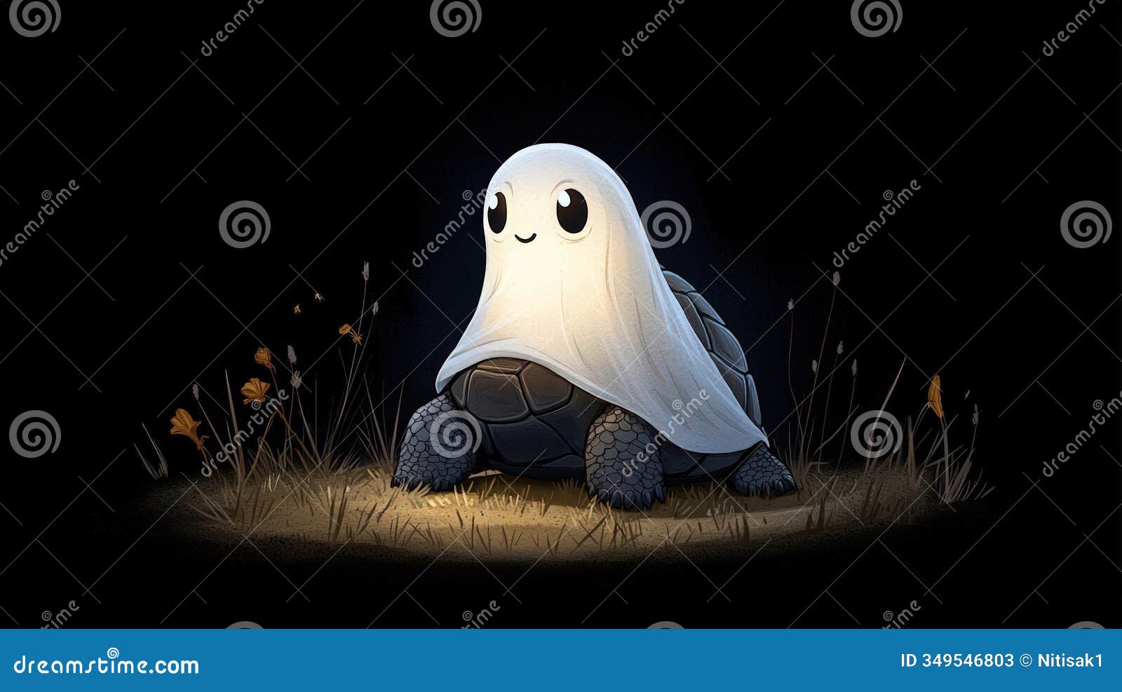 Cute Turtle with a Ghost Costume Sitting in a Grassy Field Stock ...