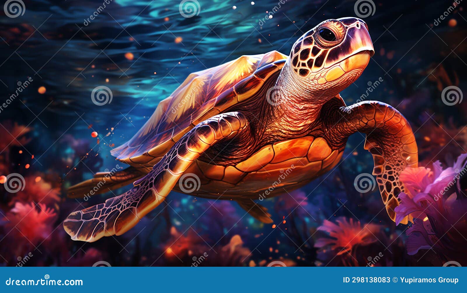 A Cute Turtle Swimming Underwater, Looking at Colorful Fish Generated ...