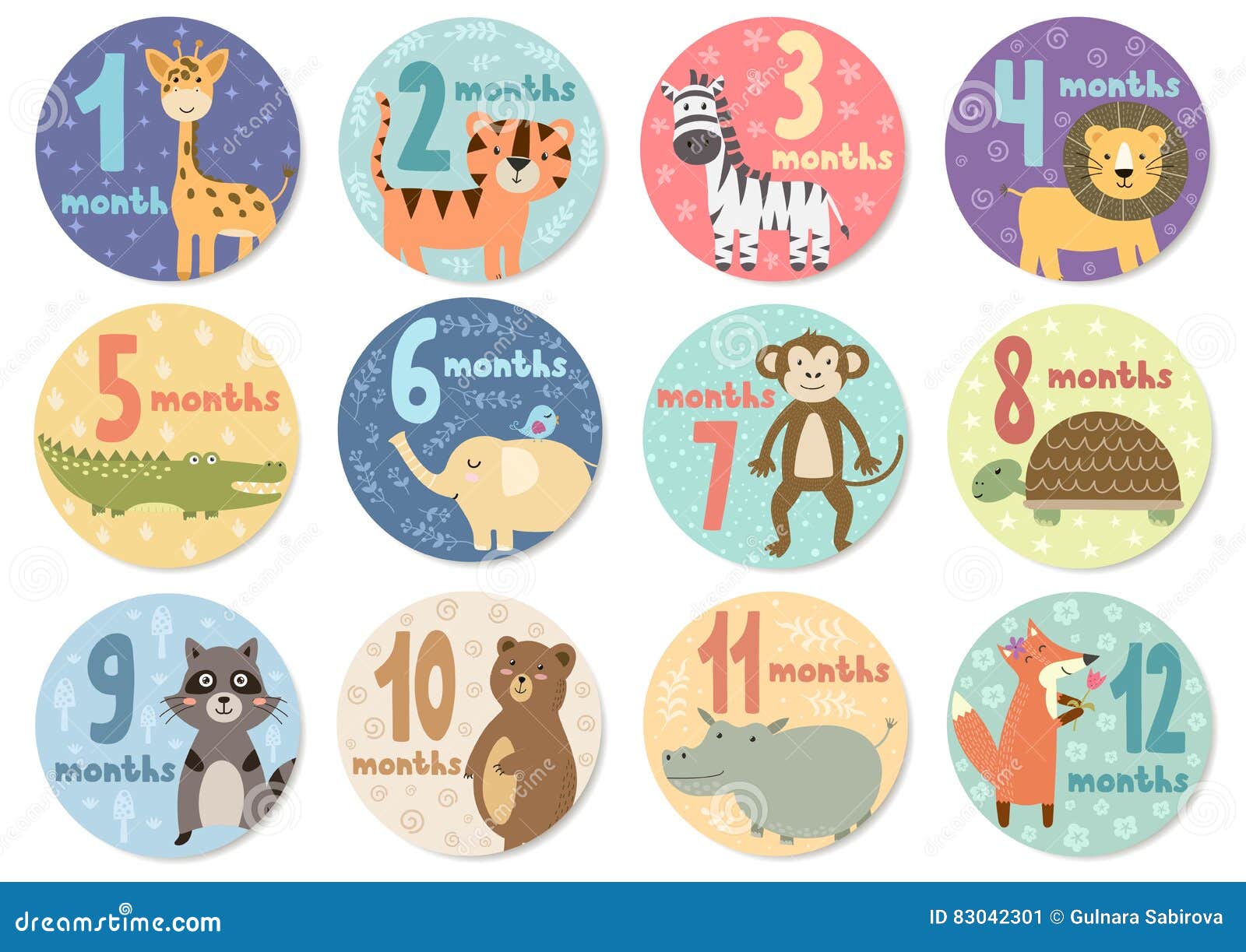 Cute Twelve Months Stickers With Animals For Babies Cartoon Vector ...