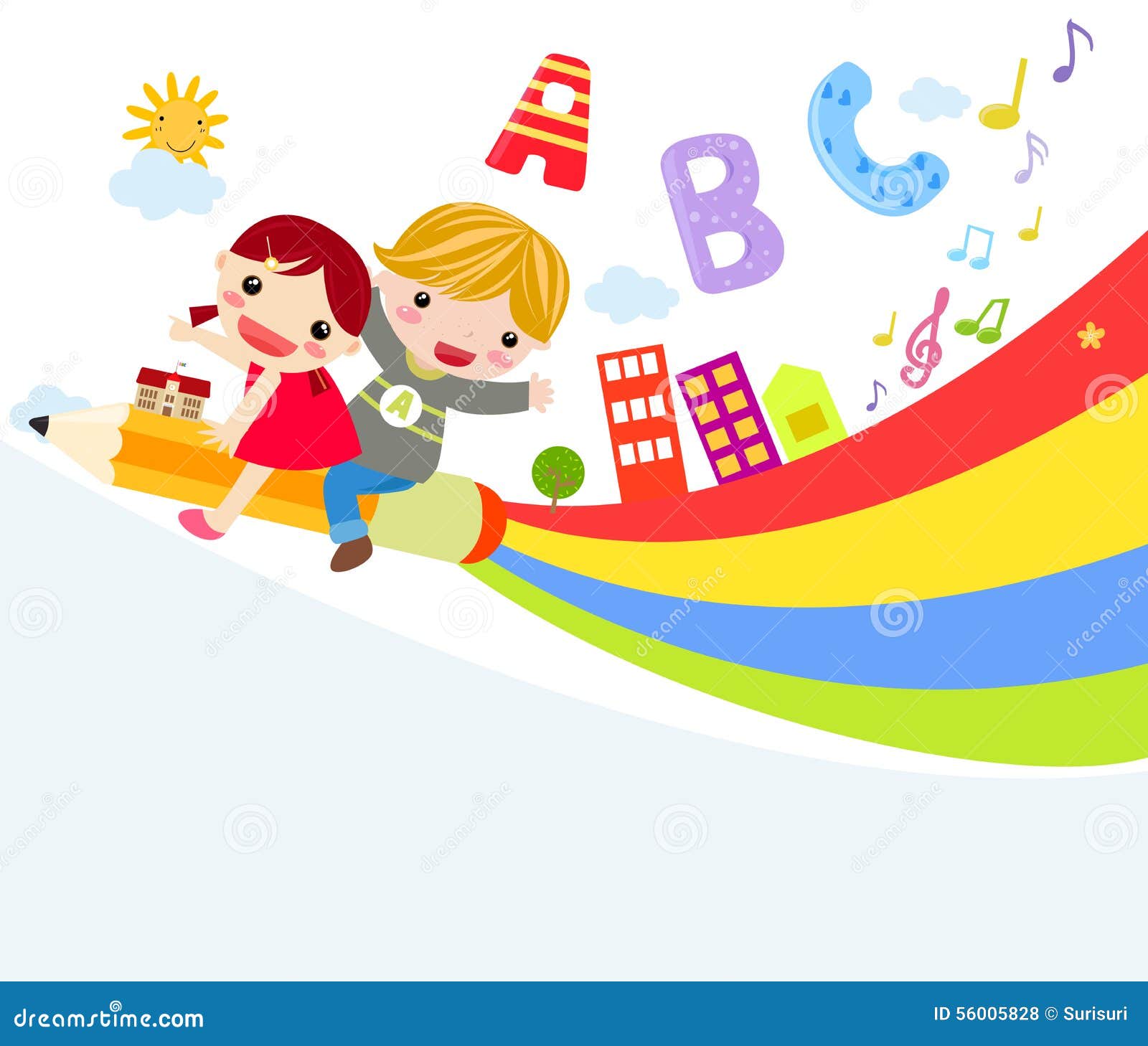 Cute Two Children Riding Pencil Stock Vector - Illustration of girl ...
