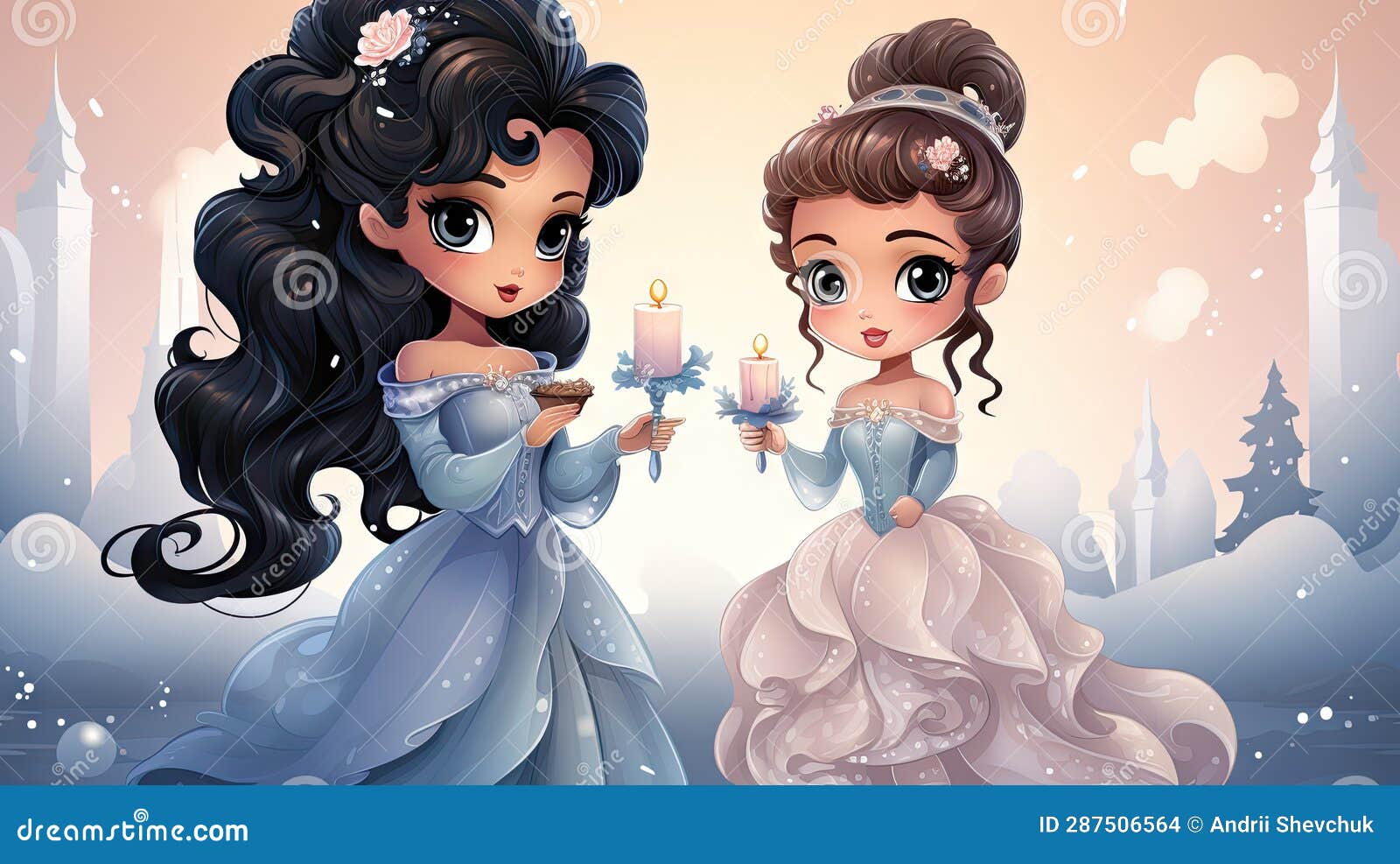 Cute Two Little Princesses with Candle in Hand. Vector Illustration ...