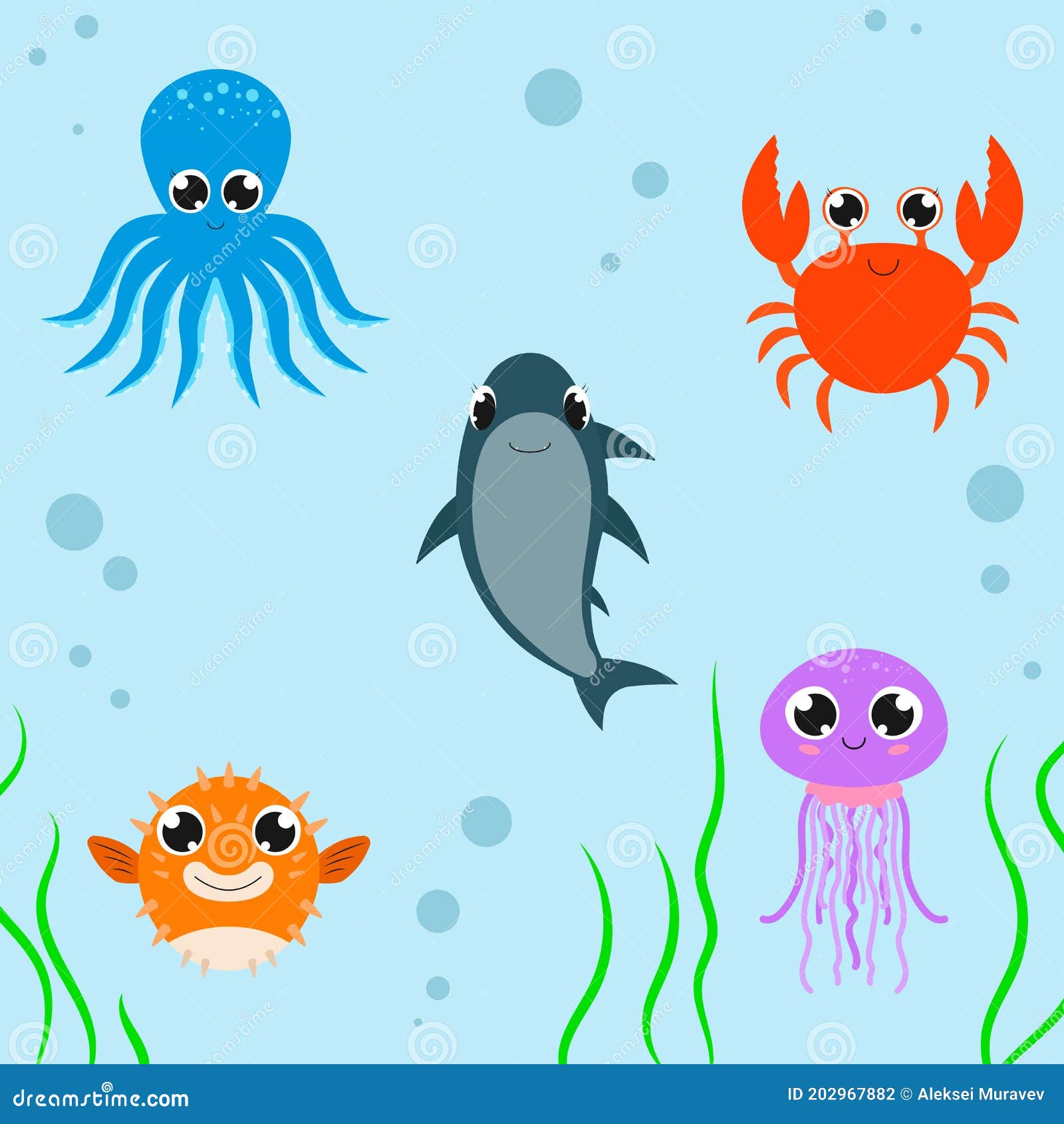 Cute Underwater Characters. Vector Cartoon Illustrations. Isolated ...