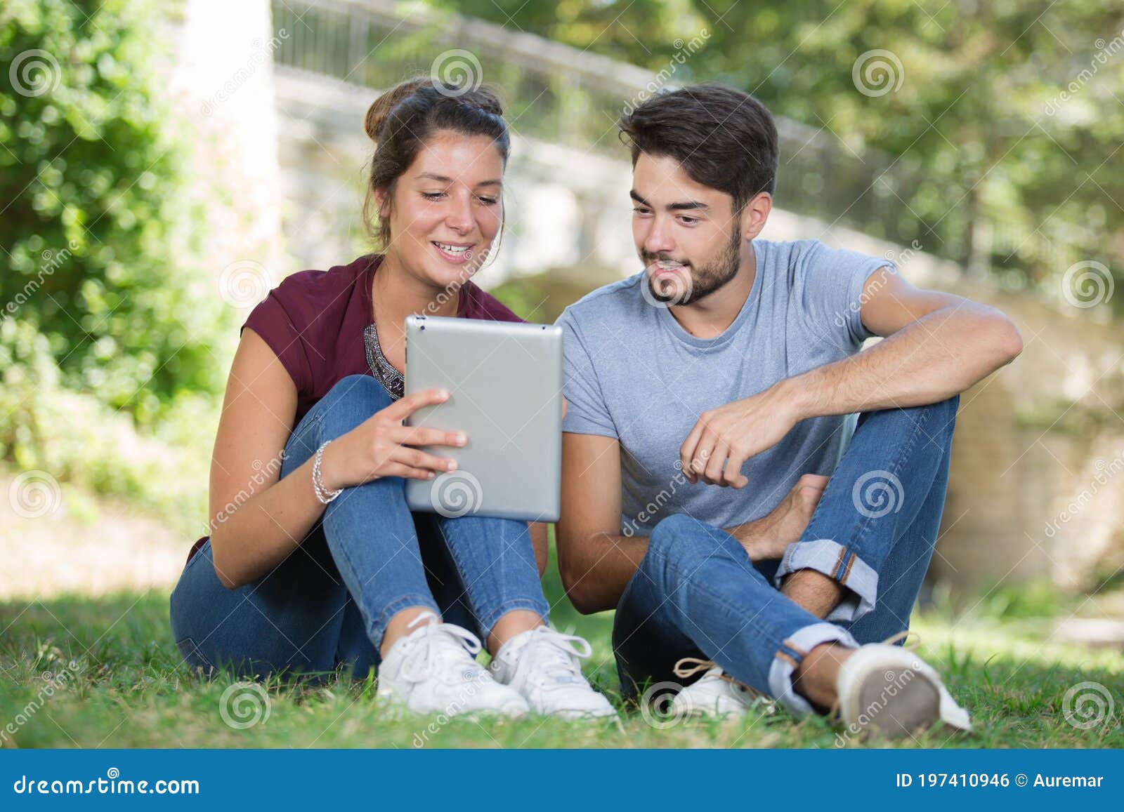Cute Uni Students Studying Together in Nature Stock Photo - Image of ...