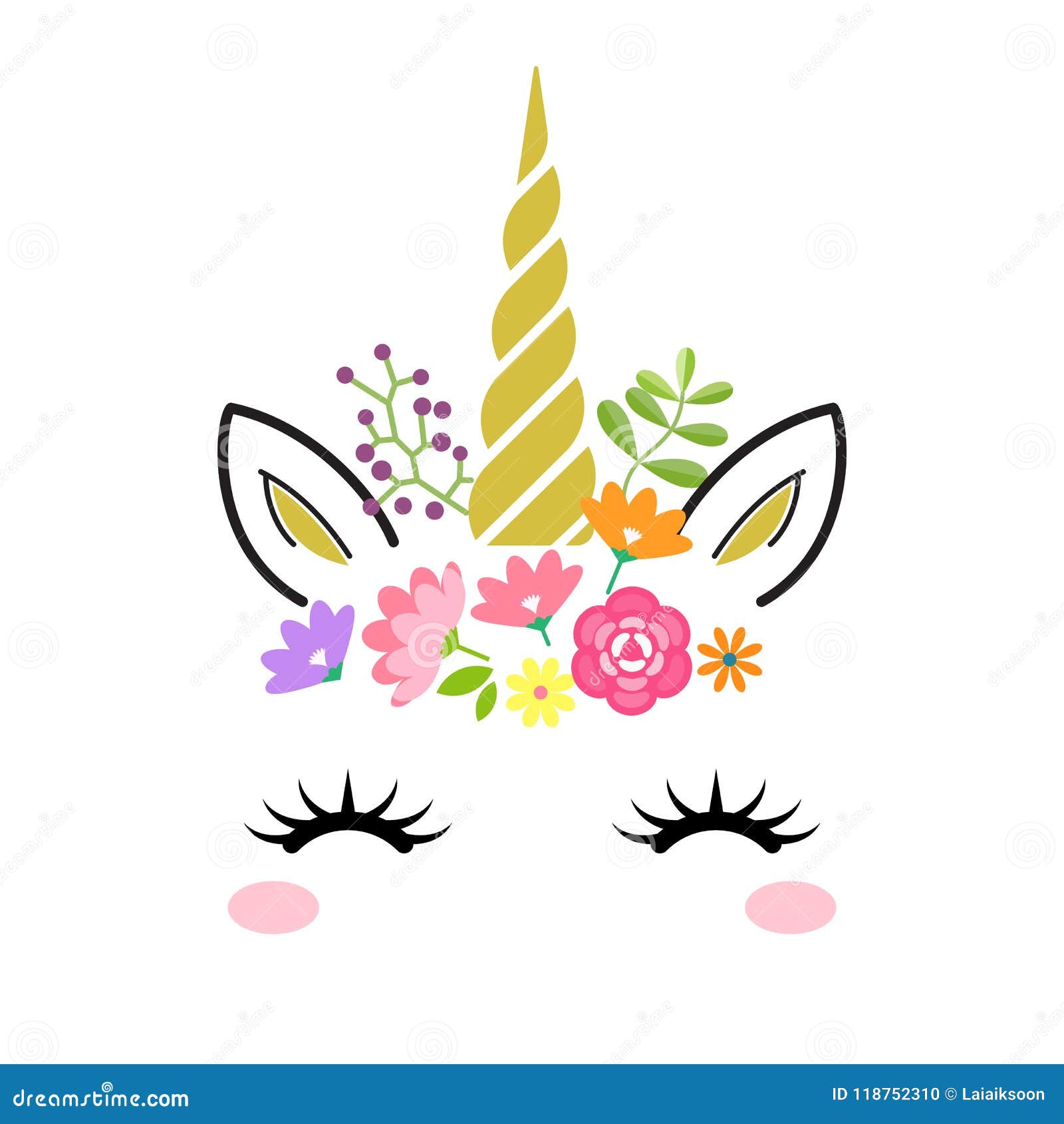 Cute Unicorn Face with Gold Horn and Flowers Isolated on White ... Cute Unicorn Face with Gold Horn and Flowers Isolated on White ...