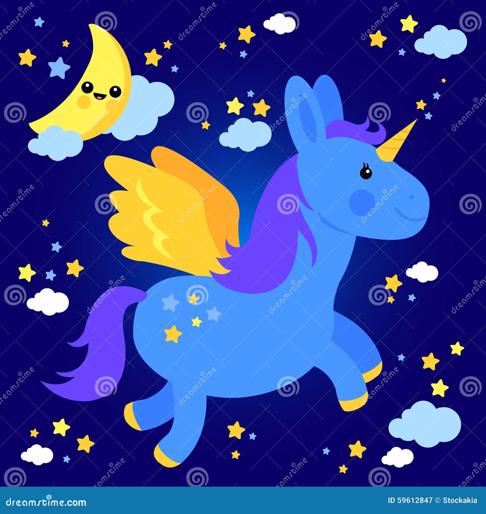 Cute Unicorn Flying in the Night Sky Stock Vector - Illustration of ...