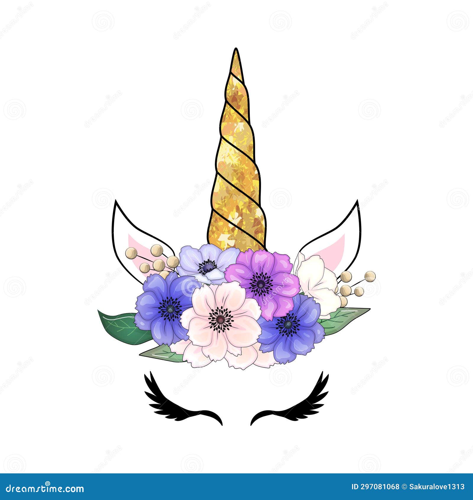 Cute Unicorn Head with Flower Crown. Stock Illustration - Illustration ...