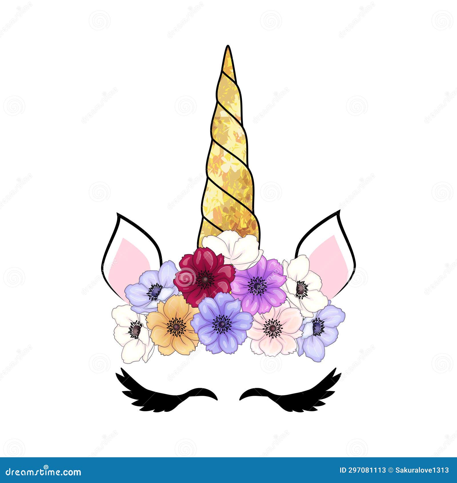 Cute Unicorn Head with Flower Crown. Stock Illustration - Illustration ...