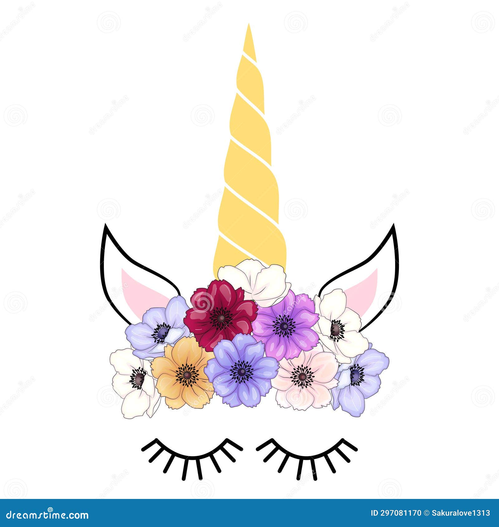 Cute Unicorn Head with Flower Crown. Stock Illustration - Illustration ...