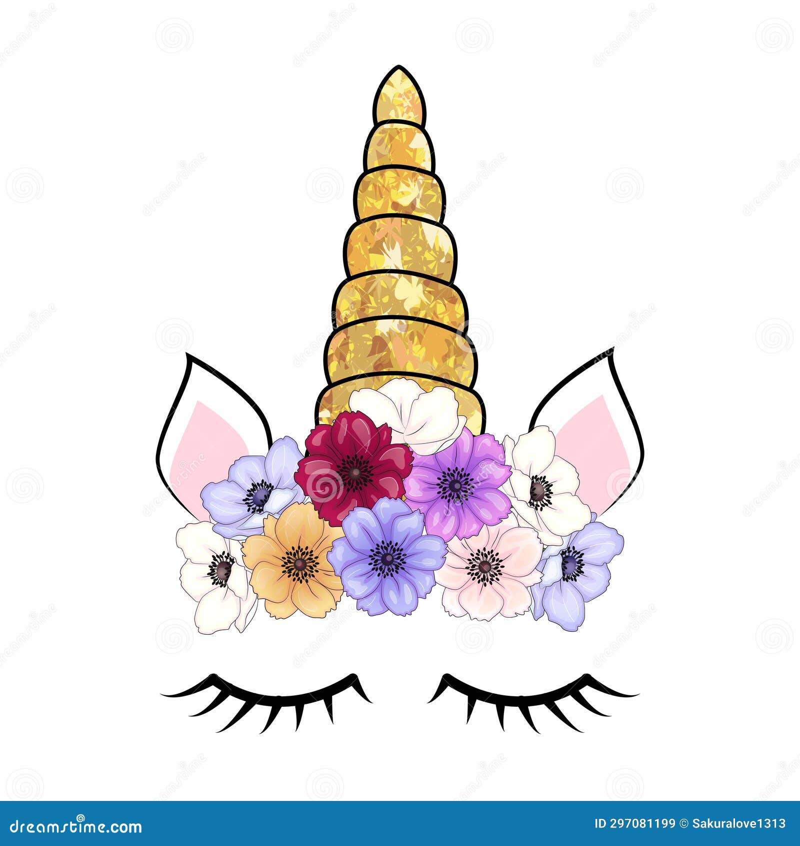 Cute Unicorn Head with Flower Crown. Stock Illustration - Illustration ...